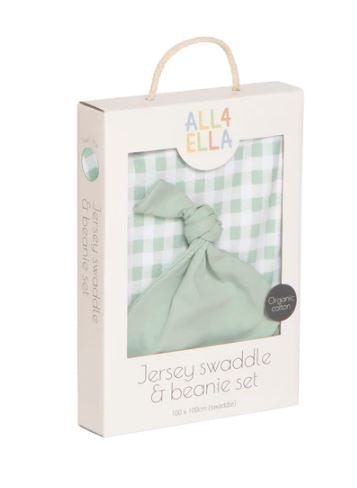 Organic Jersey Swaddle & Matching Beanie Set - Gingham Sage | All 4 Ella | Bedding, Blankets ...